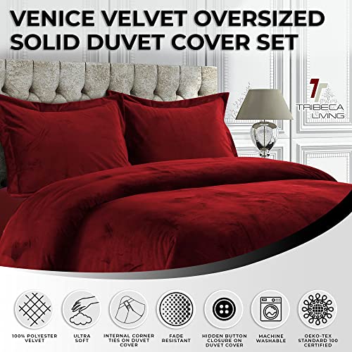 Tribeca Living VENICEDUVET Venice Velvet Oversized Solid Duvet Set, 3pieces, Queen, Burgundy