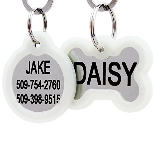 GoTags Personalized Dog Tags in Stainless Steel, Includes Glow in The Dark Tag Silencer to Reduce Noise and Protect Tag and Engraving, No Noise, Quiet Pet Tags, 2 Side Engraving, (Bone Shape)