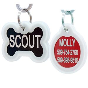 gotags personalized pet id tags for dogs and cats, includes glow in the dark silencer to protect tag and engraving, no noise, quiet tags, front and backside engraving, bone