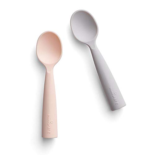 Miniware Training Spoon Cutlery Set with Carrying Case for Baby Toddler Kids - Promotes Self Feeding | 100% Food Grade Silicone | BPA Free | Modern & Durable Design | Dishwasher Safe (Grey and Peach)