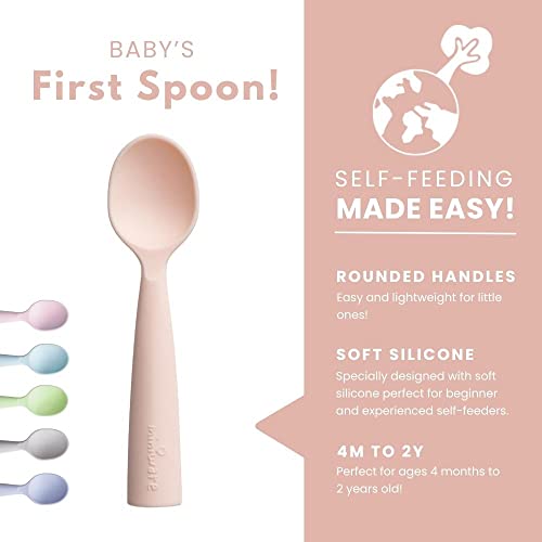 Miniware Training Spoon Cutlery Set with Carrying Case for Baby Toddler Kids - Promotes Self Feeding | 100% Food Grade Silicone | BPA Free | Modern & Durable Design | Dishwasher Safe (Grey and Peach)