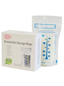 unimom 60 breast milk storage bags - self standing, freezer safe, leak proof zip top closure, pre sterilized, bpa free, marked measurements – 7oz – by unimom