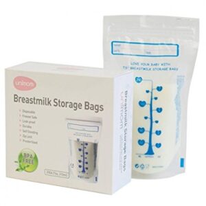 Unimom 60 Breast Milk Storage Bags - Self Standing, Freezer Safe, Leak Proof Zip Top Closure, Pre Sterilized, BPA Free, Marked Measurements – 7oz – by Unimom