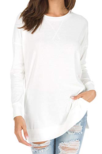 levaca Womens Fall Long Sleeve Sweatshirt Side Split Loose Casual Tunic Tops White L