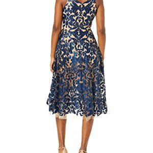 Dress the Population Women's Blair Plunging Fit and Flare Midi Dress Dress, Navy/Nude, S