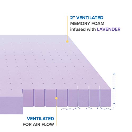 Mellow 2 Inch Ventilated Memory Foam Mattress Topper, Soothing Lavender Infusion, CertiPUR-US Certified, Queen