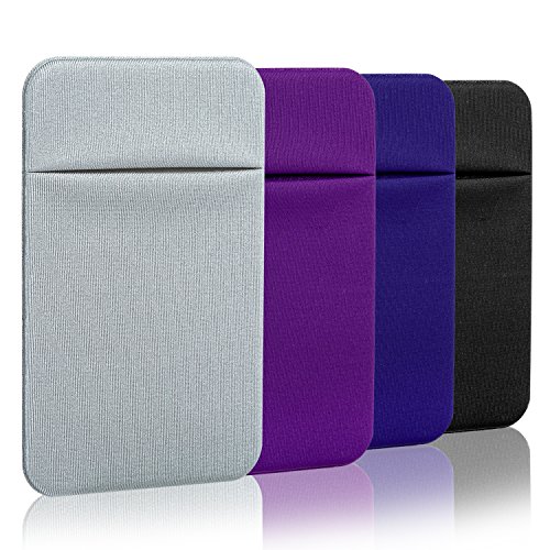 Costyle 4 Pack Credit Card Holder for Cell Phone, Stretchy Lycra Cell Phone Card Holder for Back of Phones Stick on Wallet Pocket 3M Adhesive Sticker for Samsung Galaxy iPhone-Black Blue Purple Grey