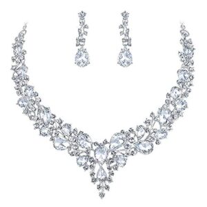 brilove wedding bridal necklace earrings jewelry set for women austrian crystal teardrop cluster statement necklace dangle earrings set clear silver-tone