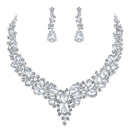 BriLove Wedding Bridal Necklace Earrings Jewelry Set for Women Austrian Crystal Teardrop Cluster Statement Necklace Dangle Earrings Set Clear Silver-Tone