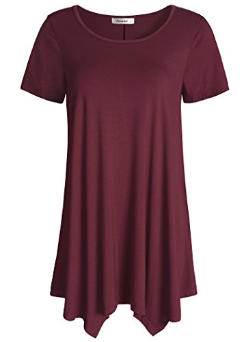 Esenchel Women's Short Sleeve Tunic Shirt Loose Fit Leggings Top L Wine Red