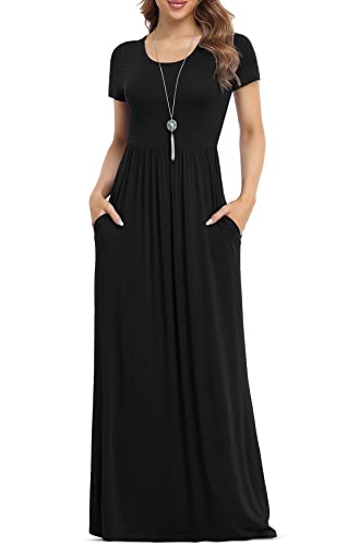 VIISHOW Women's Short Sleeve Loose Plain Maxi Dresses Casual Long Dresses with Pockets(Black, Large)