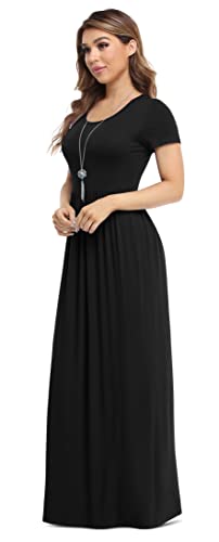 VIISHOW Women's Short Sleeve Loose Plain Maxi Dresses Casual Long Dresses with Pockets(Black, Large)