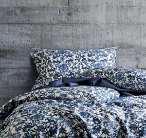 luxury duvet cover vintage portuguese tiles multicolored azulejos medallion denim blue pattern 3 piece cotton bedding set (king, pottery navy)