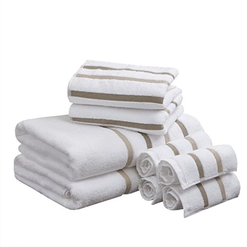 Comfort Spaces Cotton 8 Piece Bath Towel Set Striped Ultra Soft Hotel Quality Quick Dry Absorbent Bathroom Shower Hand Face Washcloths, Multi-Sizes, Zero Twist Taupe 8 Piece