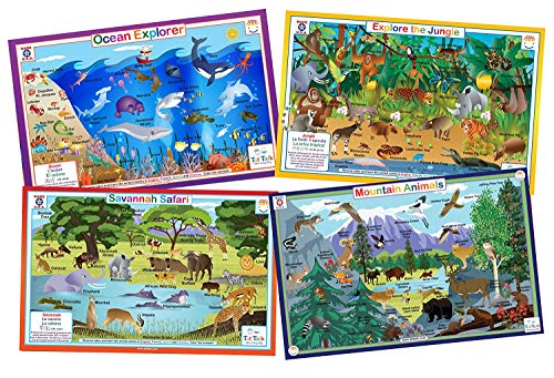 Tot Talk Educational Kids Placemats - Animals Nature of 4 Table Mats: Ocean, Jungle, Savanna, Mountain Animals - Reversible Activities - Waterproof, Washable, Wipeable, Durable, Double-Sided