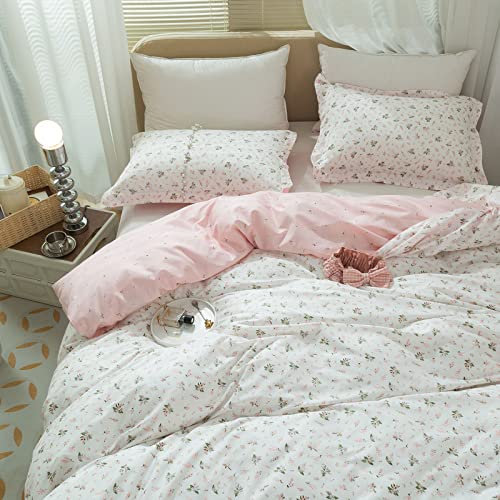 Girl Floral Duvet Cover Twin Pink White Flower Print Bedding Sets Garden Style Floral Comforter Cover Cotton Aesthetic Bedding Cover Chic Floral Bedroom Collection 1 Duvet Cover with 2 Pillowcases