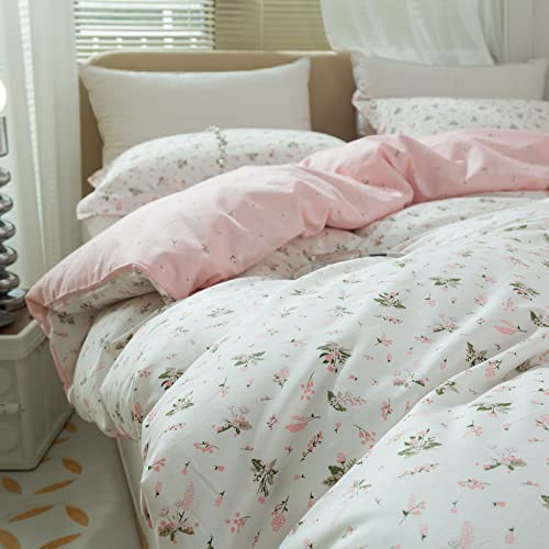 Girl Floral Duvet Cover Twin Pink White Flower Print Bedding Sets Garden Style Floral Comforter Cover Cotton Aesthetic Bedding Cover Chic Floral Bedroom Collection 1 Duvet Cover with 2 Pillowcases