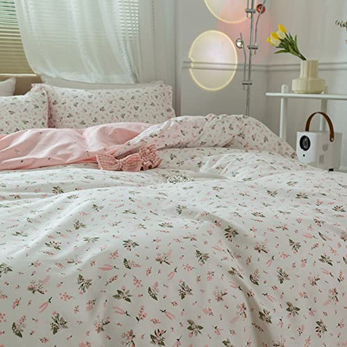 Girl Floral Duvet Cover Twin Pink White Flower Print Bedding Sets Garden Style Floral Comforter Cover Cotton Aesthetic Bedding Cover Chic Floral Bedroom Collection 1 Duvet Cover with 2 Pillowcases