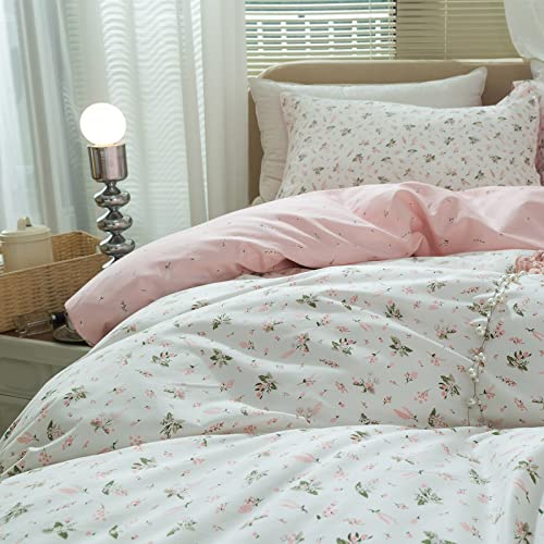 Girl Floral Duvet Cover Twin Pink White Flower Print Bedding Sets Garden Style Floral Comforter Cover Cotton Aesthetic Bedding Cover Chic Floral Bedroom Collection 1 Duvet Cover with 2 Pillowcases