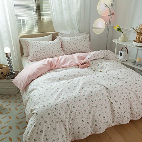 Girl Floral Duvet Cover Twin Pink White Flower Print Bedding Sets Garden Style Floral Comforter Cover Cotton Aesthetic Bedding Cover Chic Floral Bedroom Collection 1 Duvet Cover with 2 Pillowcases