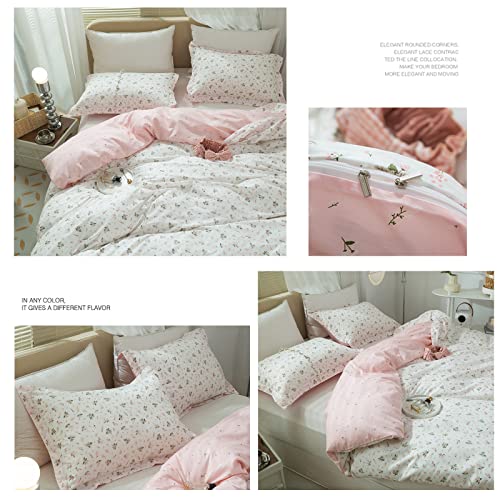 Girl Floral Duvet Cover Twin Pink White Flower Print Bedding Sets Garden Style Floral Comforter Cover Cotton Aesthetic Bedding Cover Chic Floral Bedroom Collection 1 Duvet Cover with 2 Pillowcases