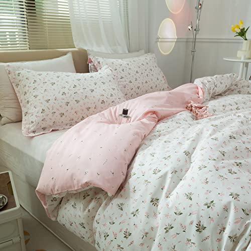 Girl Floral Duvet Cover Twin Pink White Flower Print Bedding Sets Garden Style Floral Comforter Cover Cotton Aesthetic Bedding Cover Chic Floral Bedroom Collection 1 Duvet Cover with 2 Pillowcases