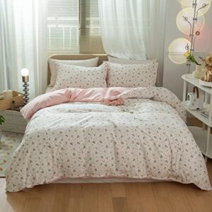 Girl Floral Duvet Cover Twin Pink White Flower Print Bedding Sets Garden Style Floral Comforter Cover Cotton Aesthetic Bedding Cover Chic Floral Bedroom Collection 1 Duvet Cover with 2 Pillowcases