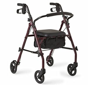 medline rollator walker with seat, steel rolling walker with 6-inch wheels supports up to 350 lbs, medical walker, burgundy