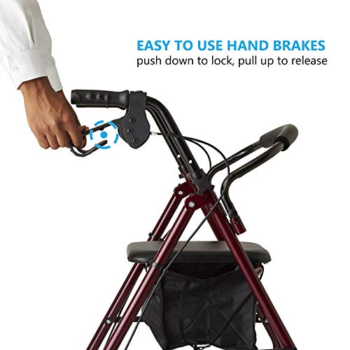 Medline Rollator Walker with Seat, Steel Rolling Walker with 6-inch Wheels Supports up to 350 lbs, Medical Walker, Burgundy