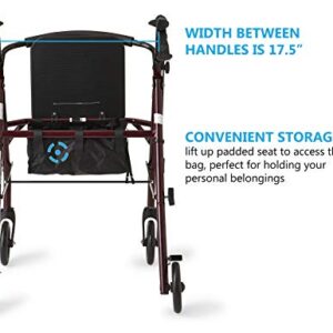 Medline Rollator Walker with Seat, Steel Rolling Walker with 6-inch Wheels Supports up to 350 lbs, Medical Walker, Burgundy