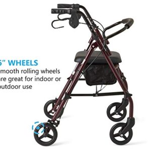 Medline Rollator Walker with Seat, Steel Rolling Walker with 6-inch Wheels Supports up to 350 lbs, Medical Walker, Burgundy