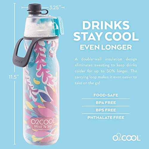 O2COOL Mist 'N Sip Misting Water Bottle 2-in-1 Mist And Sip Function With No Leak Pull Top Spout Sports Water Bottle Reusable Water Bottle - 20 oz (Tropical)