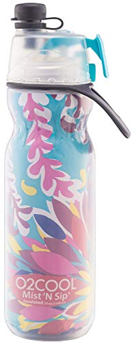 O2COOL Mist 'N Sip Misting Water Bottle 2-in-1 Mist And Sip Function With No Leak Pull Top Spout Sports Water Bottle Reusable Water Bottle - 20 oz (Tropical)