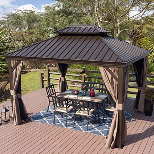 Kozyard Alexander Permanent Hardtop Gazebo Aluminum Gazebo with Galvanized Steel Double Roof with Mosquito Net and Privacy Sidewalls (Alexander 10'x12'(Brown)