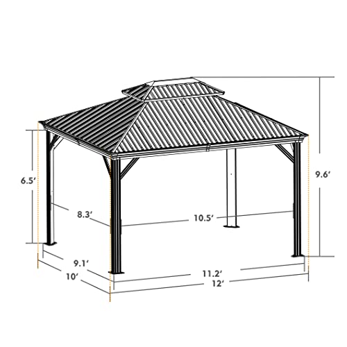 Kozyard Alexander Permanent Hardtop Gazebo Aluminum Gazebo with Galvanized Steel Double Roof with Mosquito Net and Privacy Sidewalls (Alexander 10'x12'(Brown)