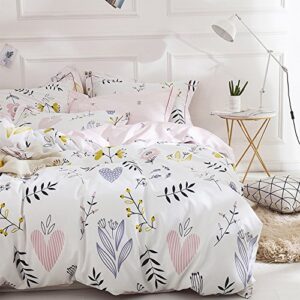 OTOB Soft Cartoon Floral Bedding Aesthetic Girls Duvet Cover Full Queen Pink Cotton Floral Comforter Cover for Toddler Women Kids Teen Bed Reversible Shabby Chic Flower Kawaii Bedding,No Comforter