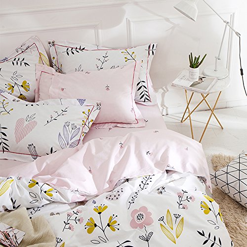 OTOB Soft Cartoon Floral Bedding Aesthetic Girls Duvet Cover Full Queen Pink Cotton Floral Comforter Cover for Toddler Women Kids Teen Bed Reversible Shabby Chic Flower Kawaii Bedding,No Comforter