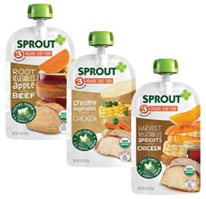 sprout organic baby food, stage 3 pouches, root veg & beef, creamy veg & chicken, harvest veg & chicken variety pack, 4 oz purees (pack of 18)