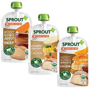 Sprout Organic Baby Food, Stage 3 Pouches, Root Veg & Beef, Creamy Veg & Chicken, Harvest Veg & Chicken Variety Pack, 4 Oz Purees (Pack of 18)