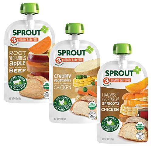 Sprout Organic Baby Food, Stage 3 Pouches, Root Veg & Beef, Creamy Veg & Chicken, Harvest Veg & Chicken Variety Pack, 4 Oz Purees (Pack of 18)