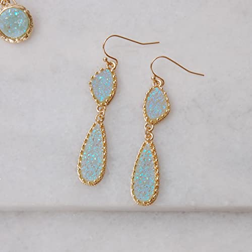 Humble Chic Simulated Druzy Teardrop Earrings for Women - Tear Drop Earrings - Boho Bridal Wedding Long Earrings for Bride or Bridesmaid, Gold - Aqua Glitter Stone