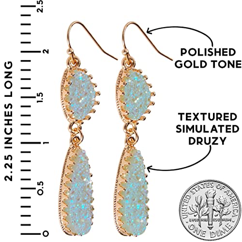 Humble Chic Simulated Druzy Teardrop Earrings for Women - Tear Drop Earrings - Boho Bridal Wedding Long Earrings for Bride or Bridesmaid, Gold - Aqua Glitter Stone