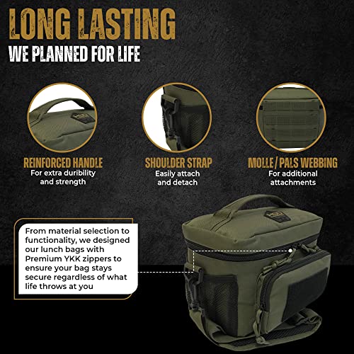 HSD 10mm Thick Insulated Adult Lunch Bag - Leak Proof for Hot & Cold Temperature - Tactical Style Easy To Clean, Durable & Water-Resistant - Sturdy Handle, Shoulder Strap, & Pockets - Men & Women