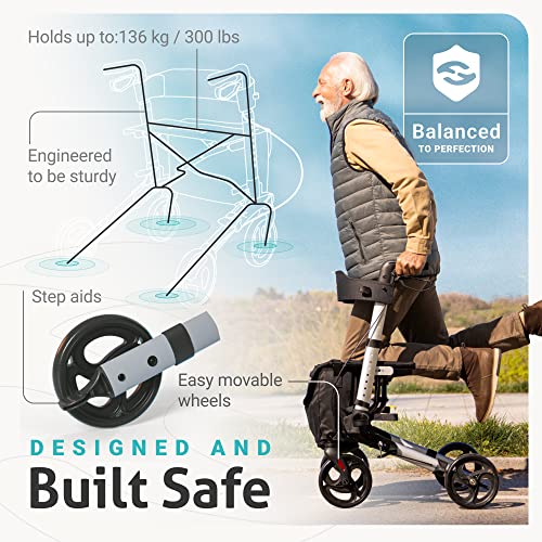 Helavo Foldable Rollator with Seat - Lightweight Aluminum Rolling Walker for Seniors and Adults