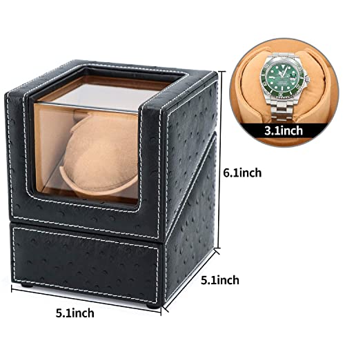 DRIKLUX Automatic Single Watch Winder for Rolex and Other Luxury Watches - Automatic Winder with Quiet Motor, Premium Black Ostrich Leather Exterior and Soft Flexible Watch Pillows of Camel Velvet