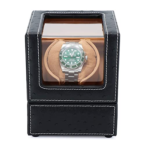 DRIKLUX Automatic Single Watch Winder for Rolex and Other Luxury Watches - Automatic Winder with Quiet Motor, Premium Black Ostrich Leather Exterior and Soft Flexible Watch Pillows of Camel Velvet