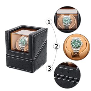 DRIKLUX Automatic Single Watch Winder for Rolex and Other Luxury Watches - Automatic Winder with Quiet Motor, Premium Black Ostrich Leather Exterior and Soft Flexible Watch Pillows of Camel Velvet