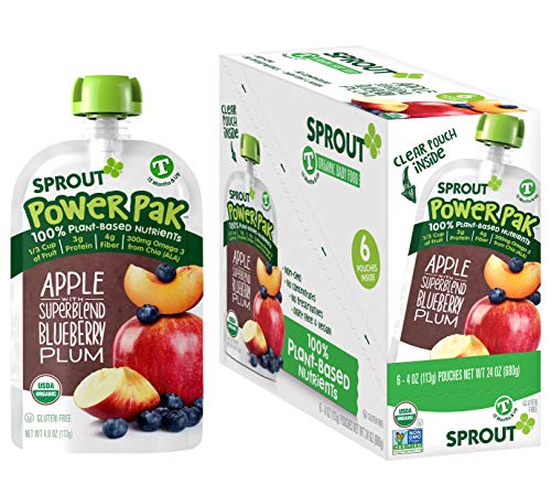 Sprout Organic Baby Food Toddler Power Pak Pouches Stage 4, Apple w/ Superblend Blueberry Plum, 4 Ounce Pouches (Pack of 12)