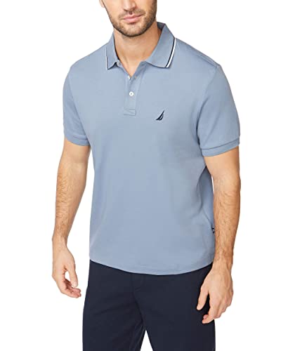 Nautica Men's Classic Fit Short Sleeve Dual Tipped Collar Polo Shirt, Lake City Blue, Large