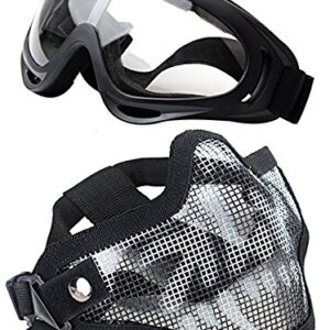 Airsoft Mask and Goggles - Airsoft Half Lower Face Mask Steel Metal Mesh for BB Gun/CS Game/Paintball/Shooting/Cosplay - Anti-UV Adjustable Combat Tactical Military Goggles for Men Women Kids